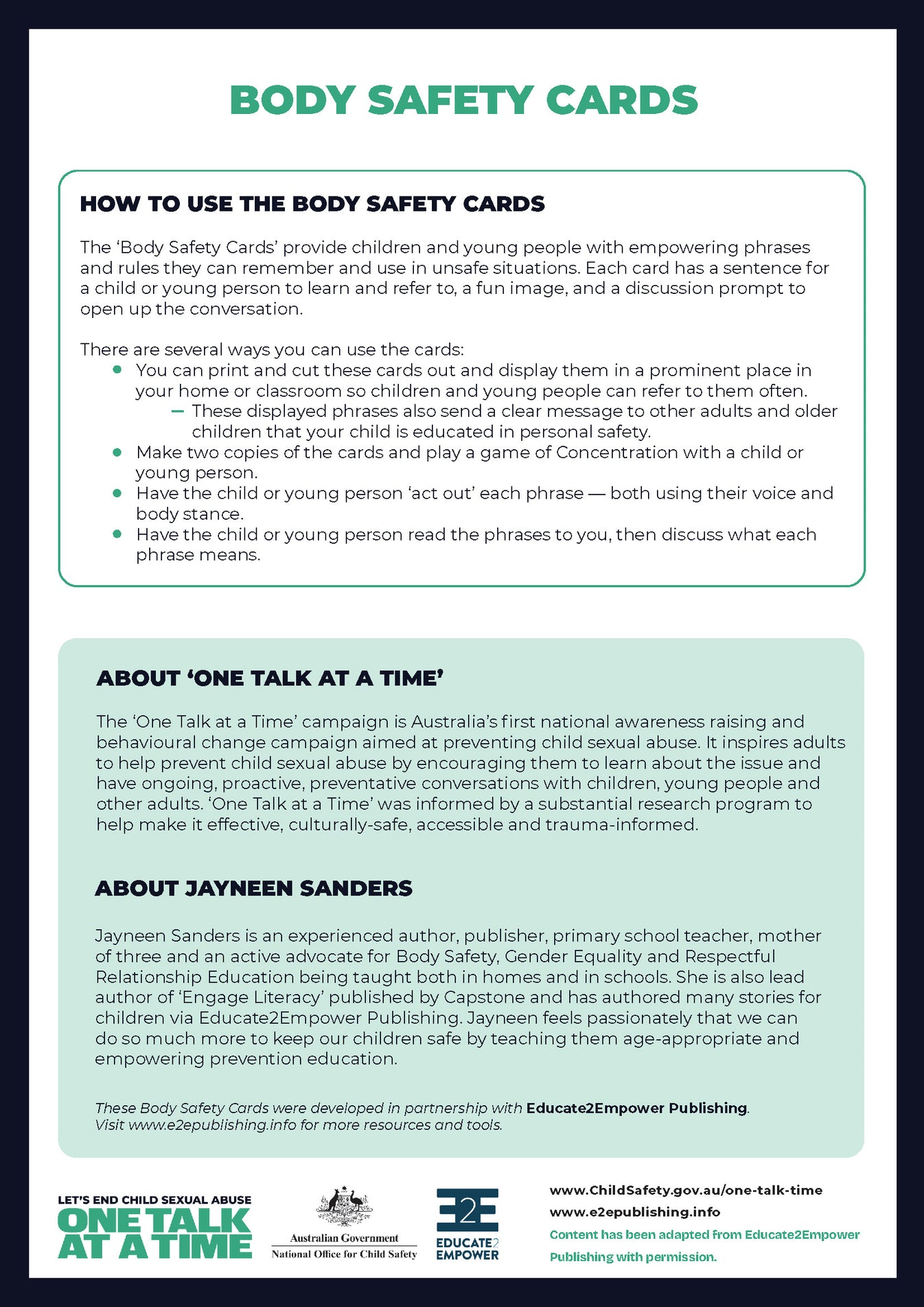 One Talk at A Time - Body Safety Cards – Educate2Empower Publishing